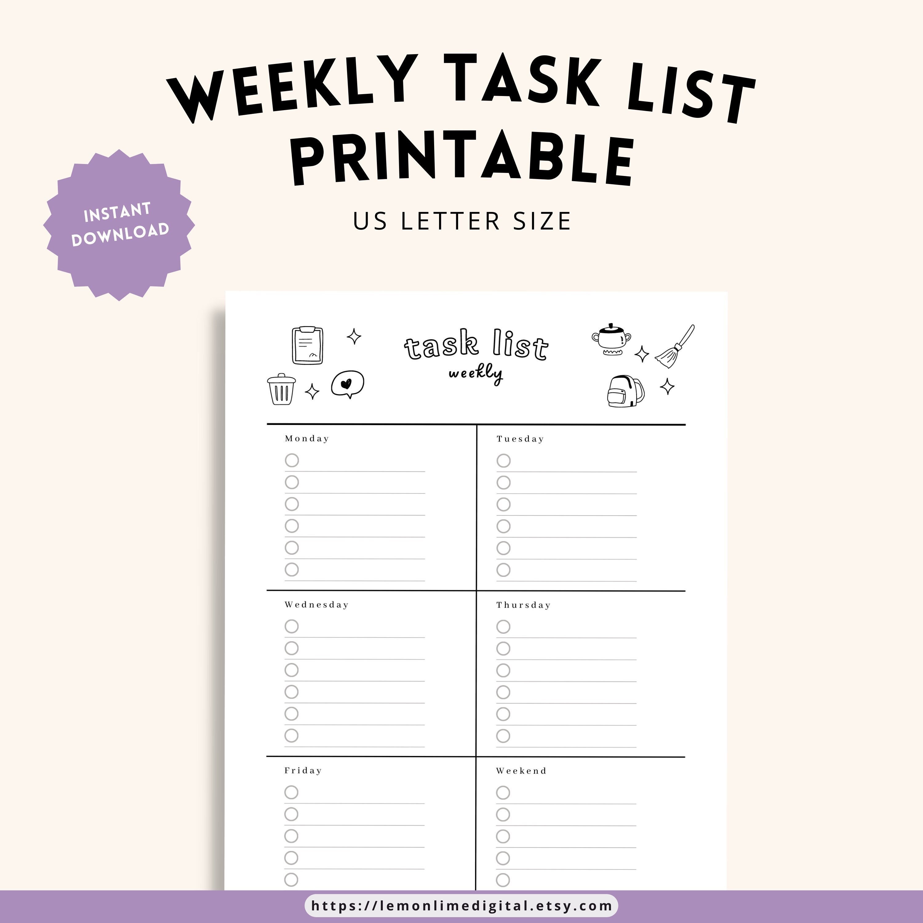 Weekly Task List Printable Five Day Week Combined Weekend - Etsy