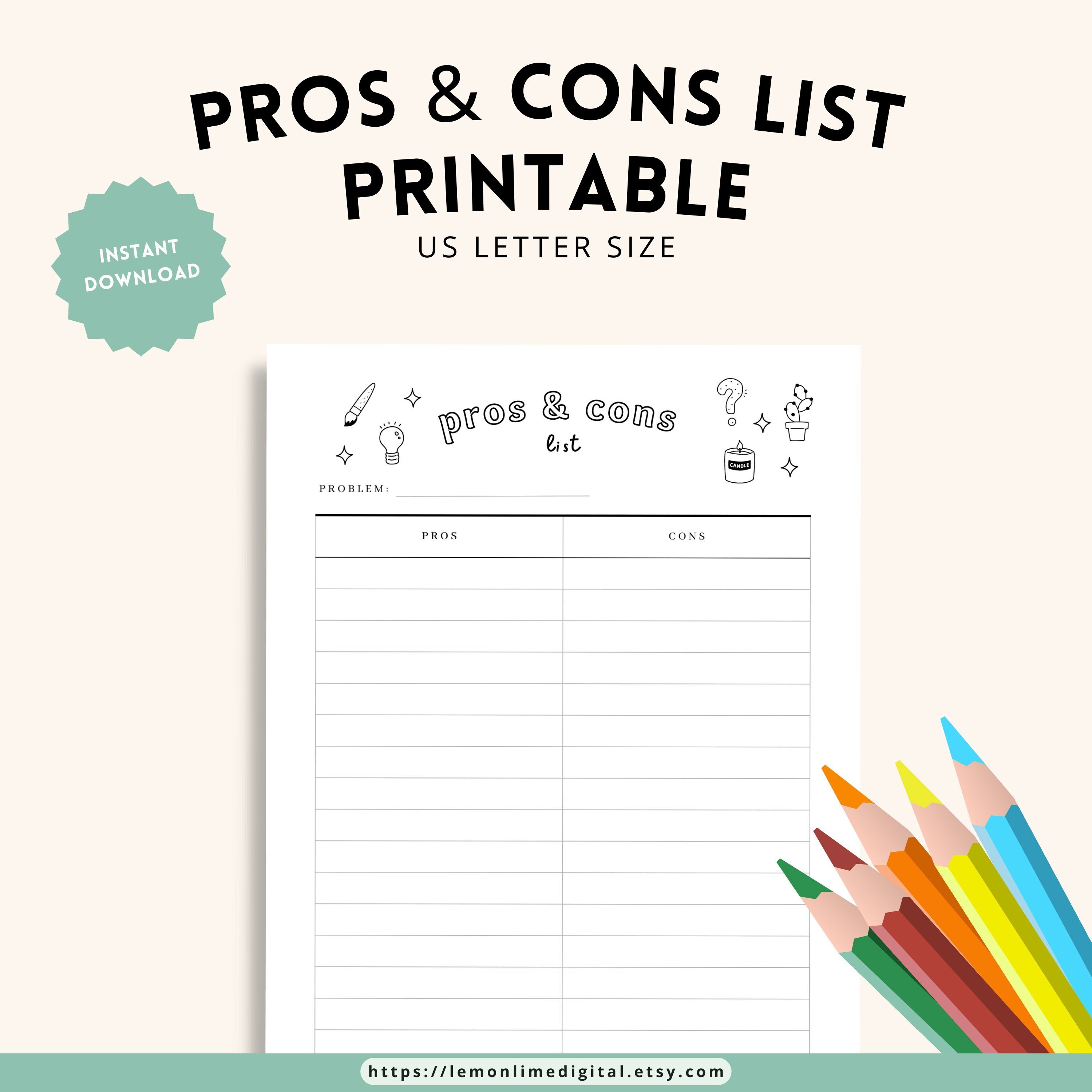 Pros & Cons List Printable - Etsy