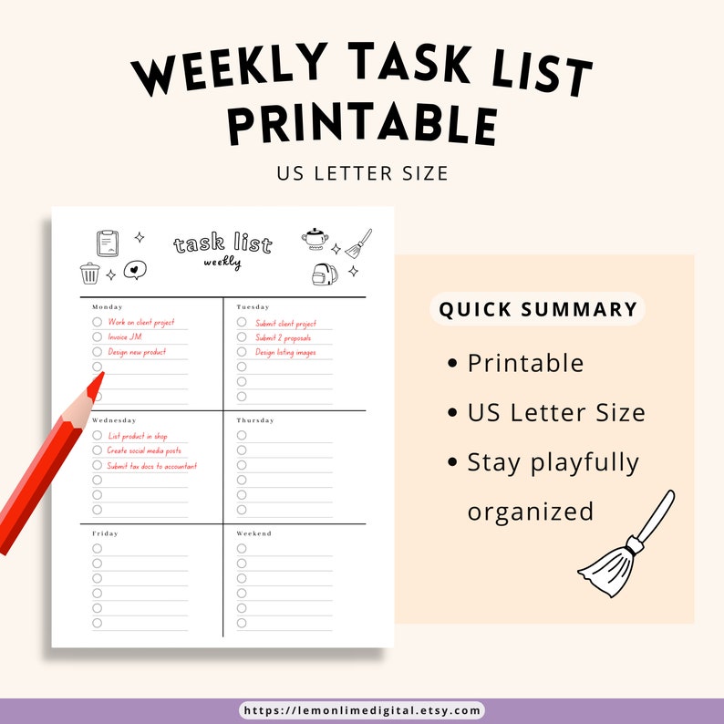 Weekly Task List Printable Five Day Week Combined Weekend - Etsy