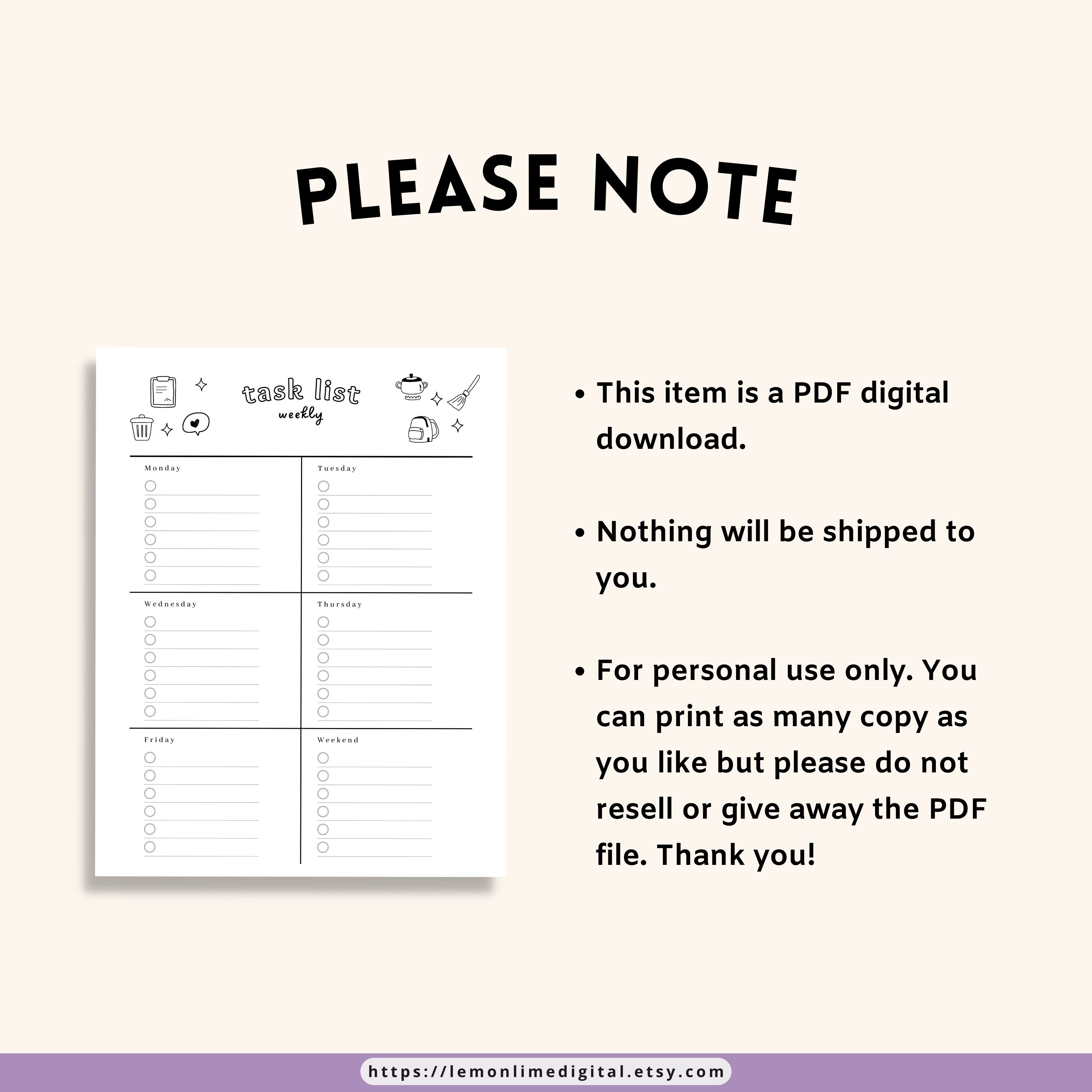 Weekly Task List Printable Five Day Week Combined Weekend - Etsy