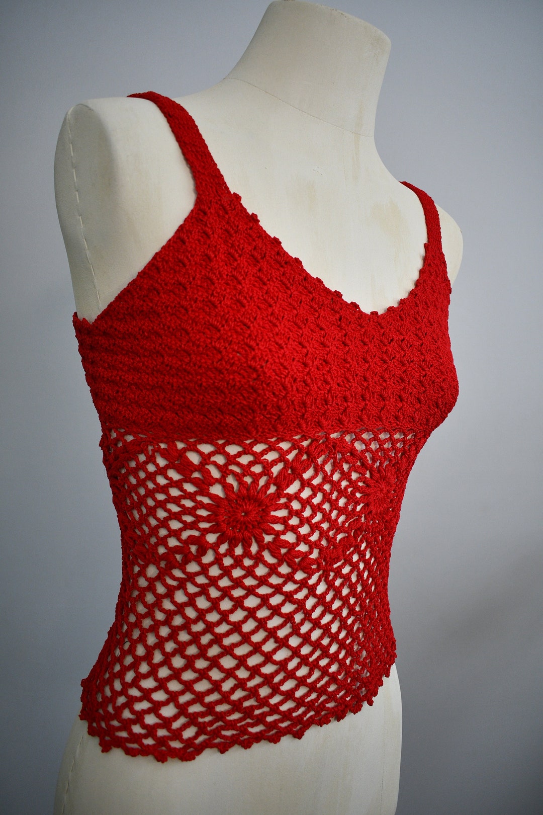 Red Crochet Tank | Y2K | XS | Boho, Festival, Sunburst Design - Etsy