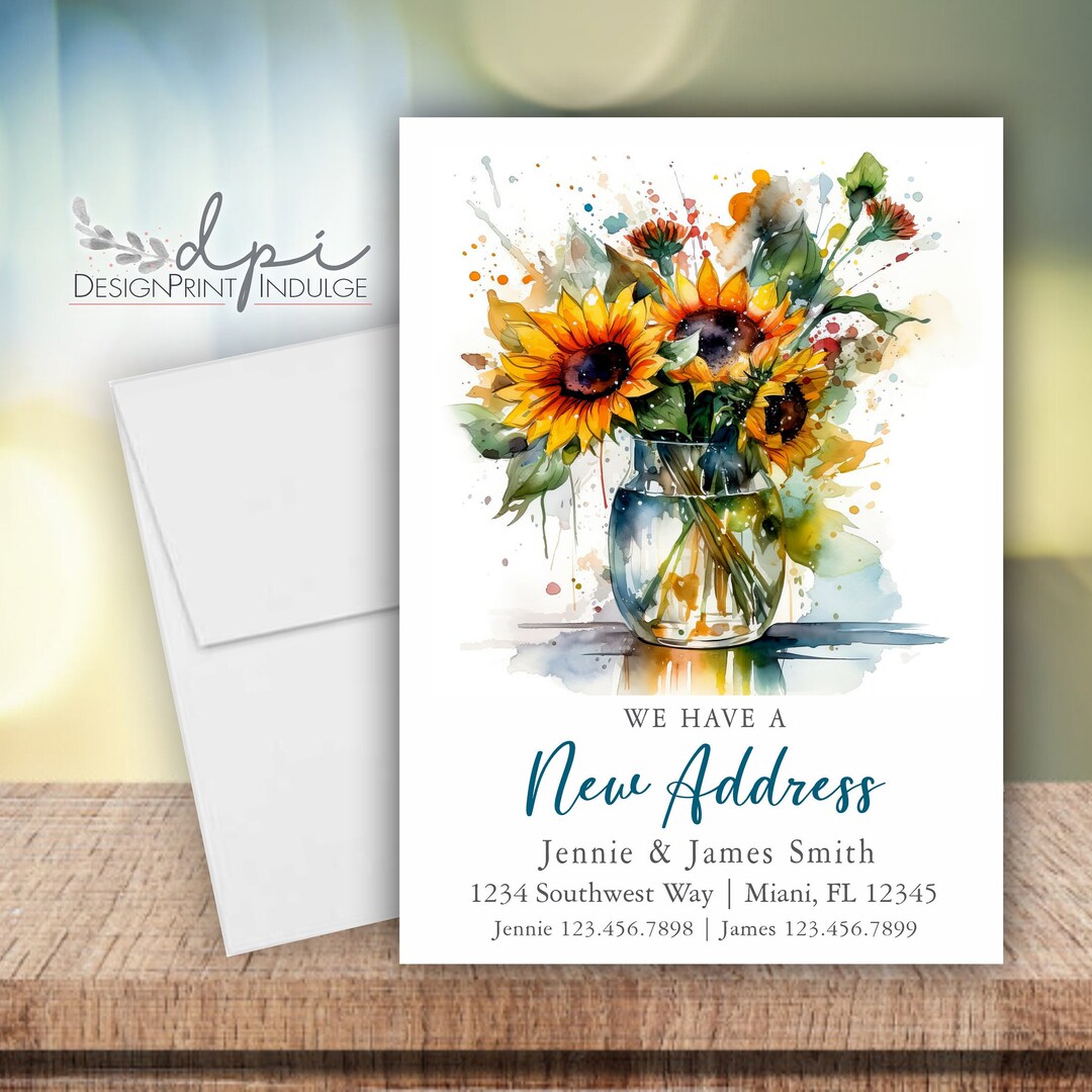 Change of Address Cards With Sunflower Watercolor, New Address ...