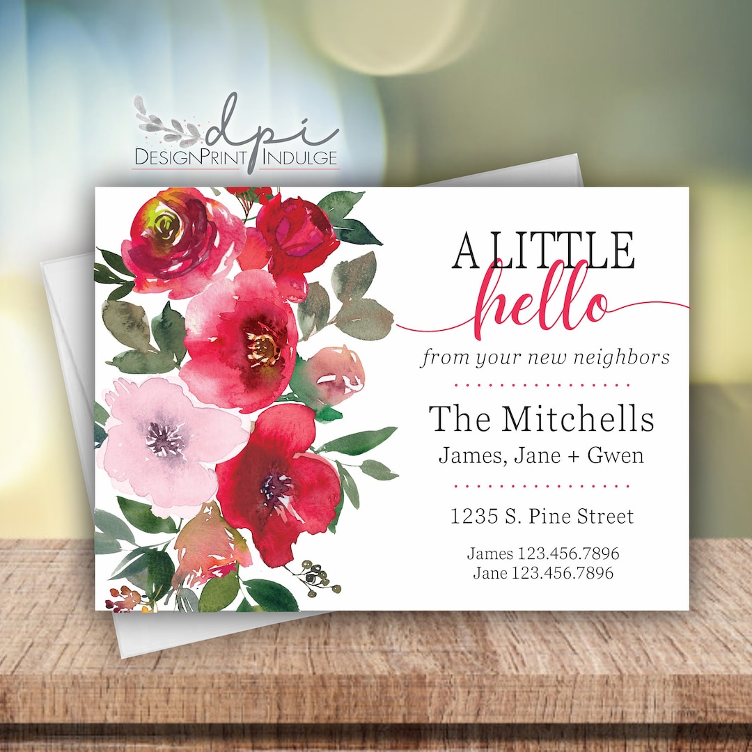 New Neighbor Introduction Cards, A Little Hello Red Floral New to the ...