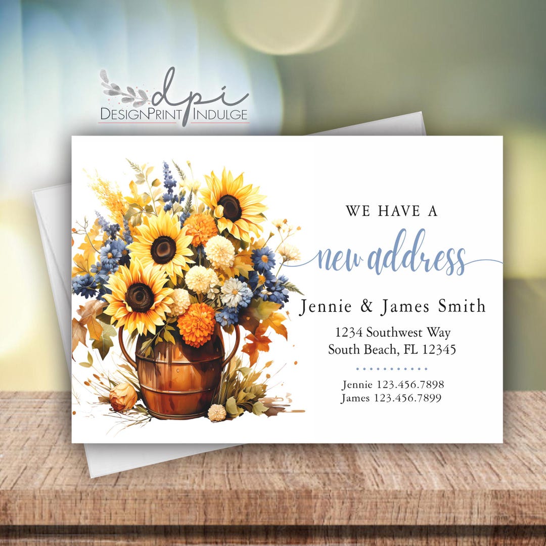 Moving Announcement Card, Fall Sunflower Floral New Address, Printed ...