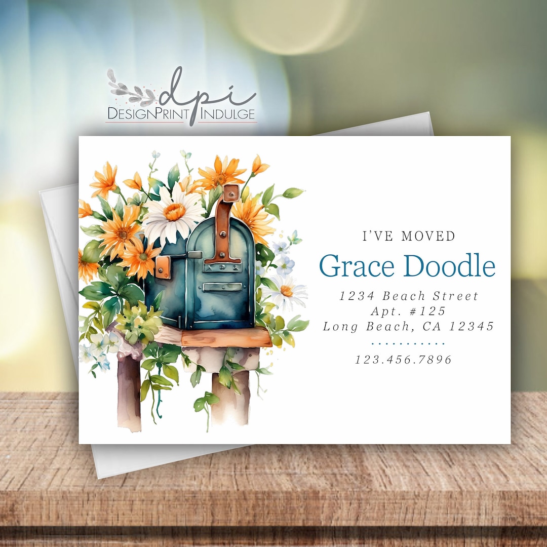 I've Moved Mailbox & Daisy Flowers Change of Address Cards, Watercolor New Address Moving Cards ...