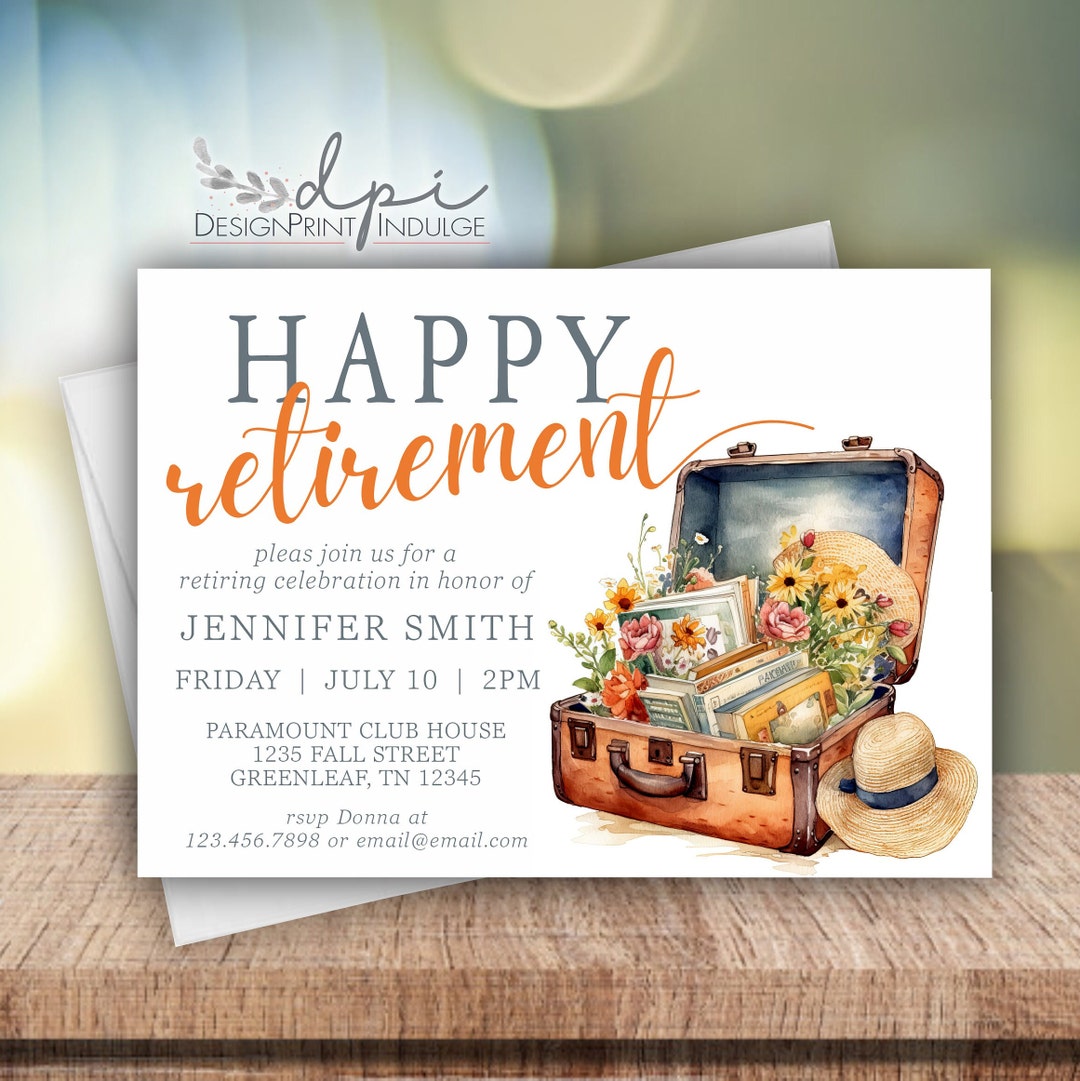 Retirement Party Invitation W/ Vintage Suitcase & Flower, Happy ...