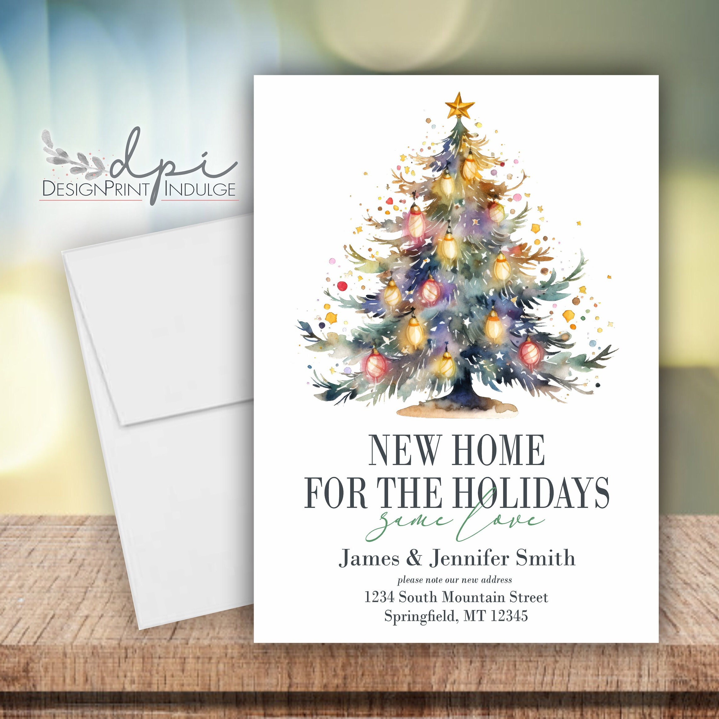Holiday Moving Announcement Cards: Watercolor Christmas Tree (digital ...
