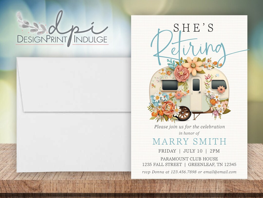 Retirement Party Invitation With a Cute Camper & Flowers, She's ...