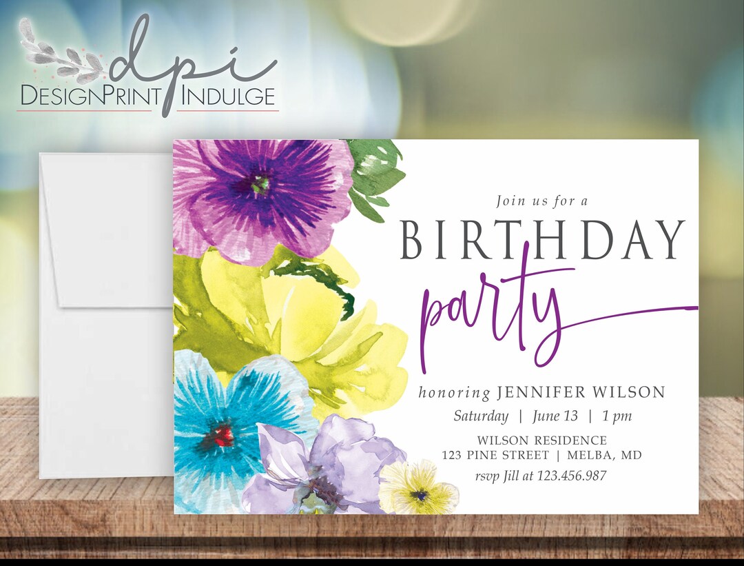 Birthday Party Invitation With Bright Colorful Flower, Birthday Party ...