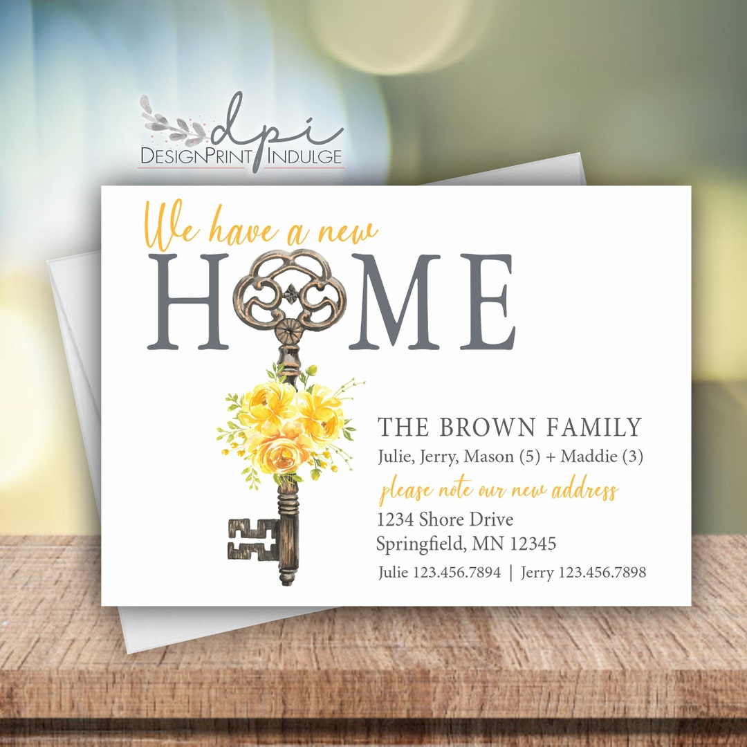 Key New Address Announcement Card, Yellow Floral Key Address Cards ...