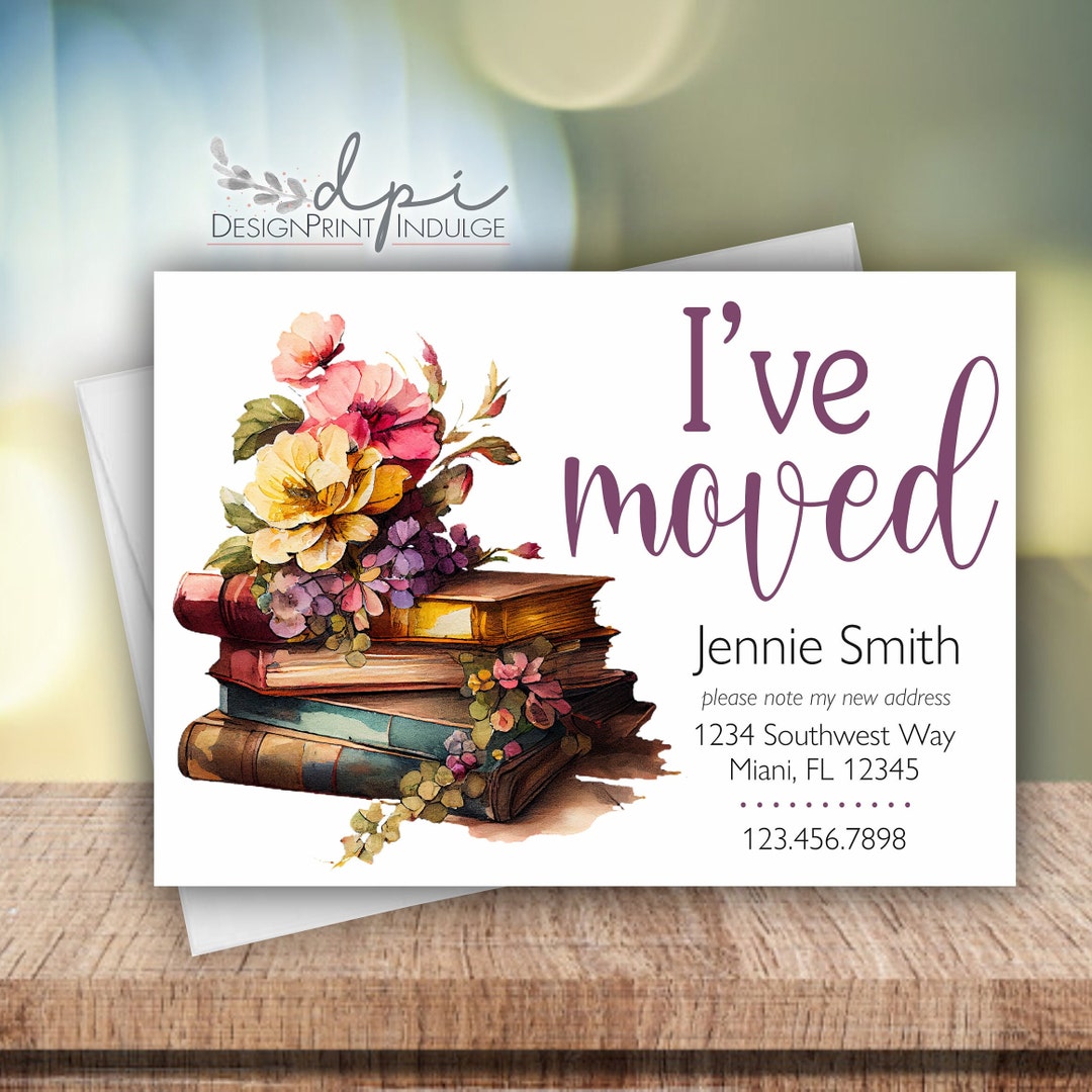 I've Moved Floral & Books Personalized Change of Address Announcement ...