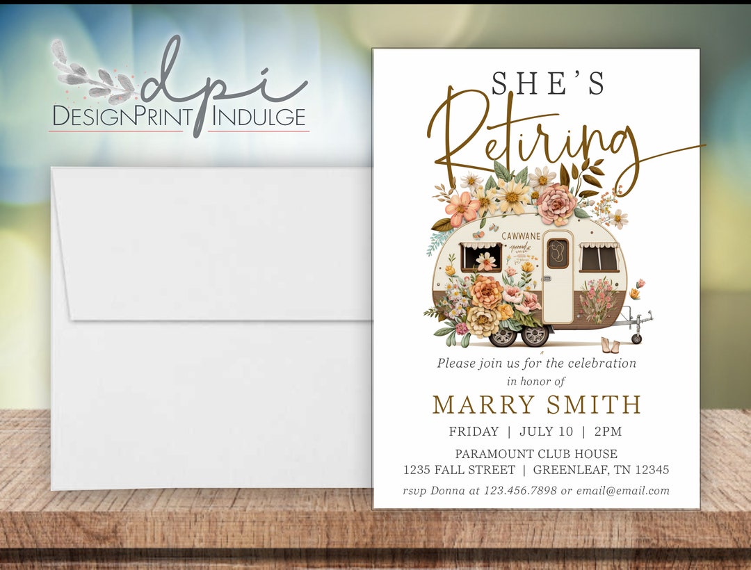 Retirement Party Invitation With a Cute Boho Camper & Flowers, She's ...