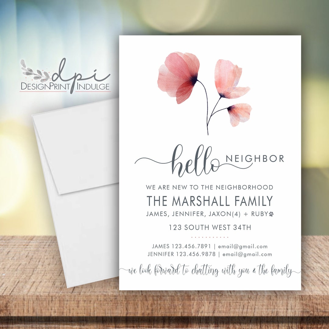 New Neighbor Cards With Red Poppies, Personalized Hello New Neighbor ...
