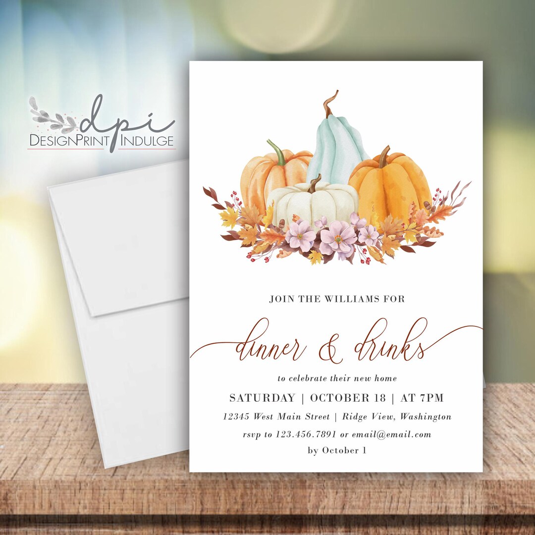 Fall Dinner & Drinks Housewarming Party Invite Cards, Fall Pumpkin ...