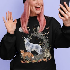 Owl Fox Raccoon Wolf Sweatshirt Forestcore Woodland Animals Sweatshirt ...