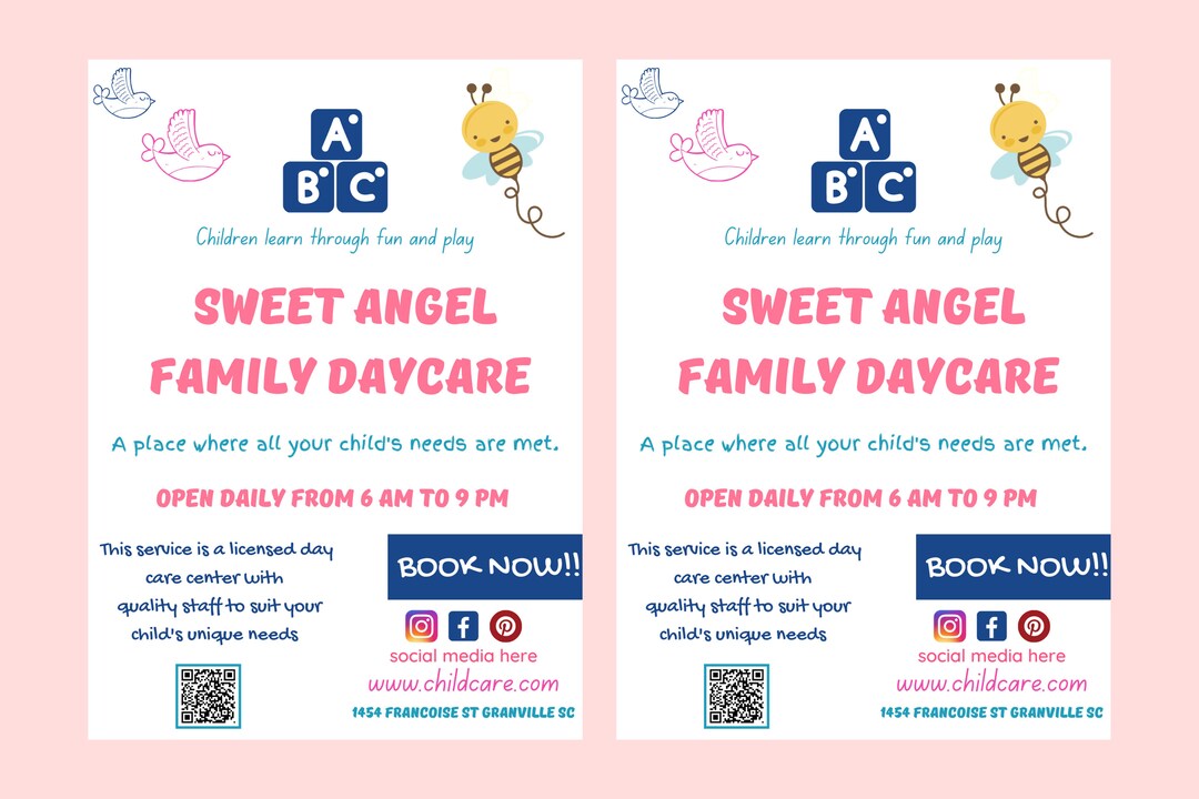 Childcare Flyer Template QR Code Daycare Flyer A4 Sizefamily Day Care ...