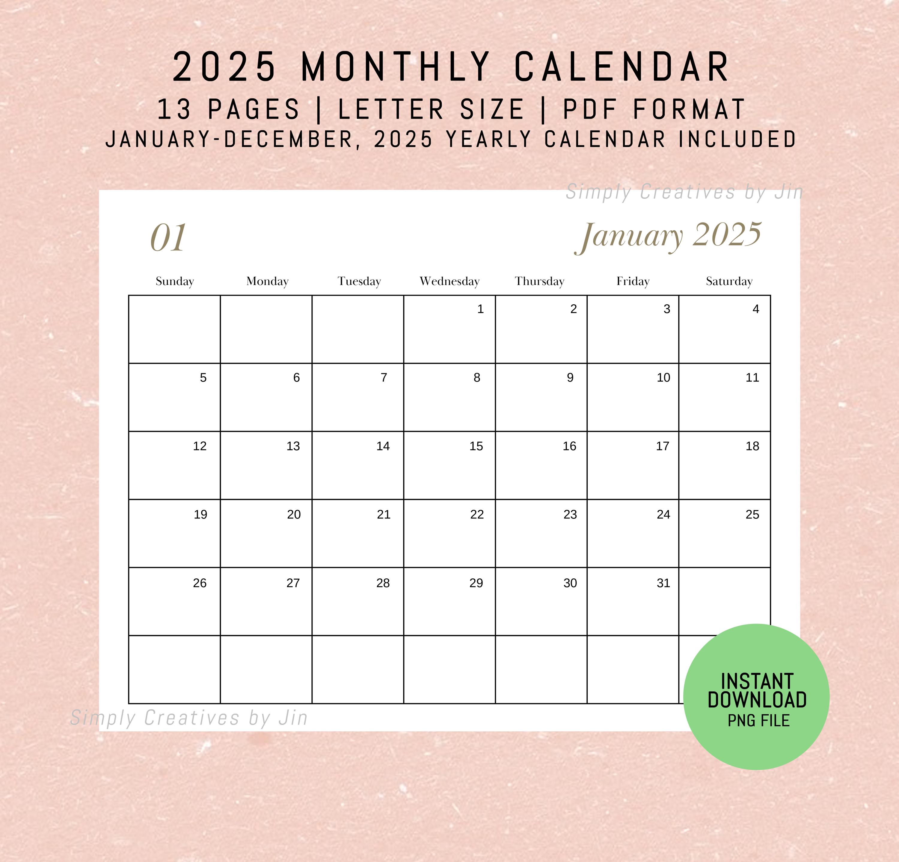 2025 Monatskalender PDF zum Ausdrucken | Minimalistischer Kalender ...