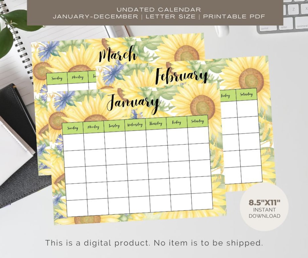 Sunflower Monthly Calendar Template | Undated Calendar | Desk Calendar ...