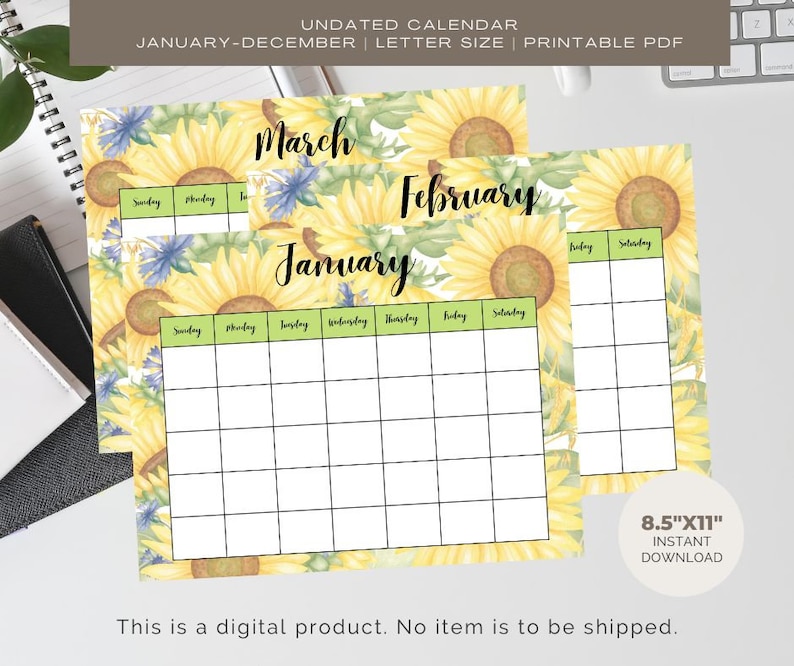 Sunflower Monthly Calendar Template | Undated Calendar | Desk Calendar ...