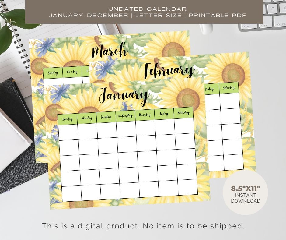Sunflower Monthly Calendar Template | Undated Calendar | Desk Calendar ...