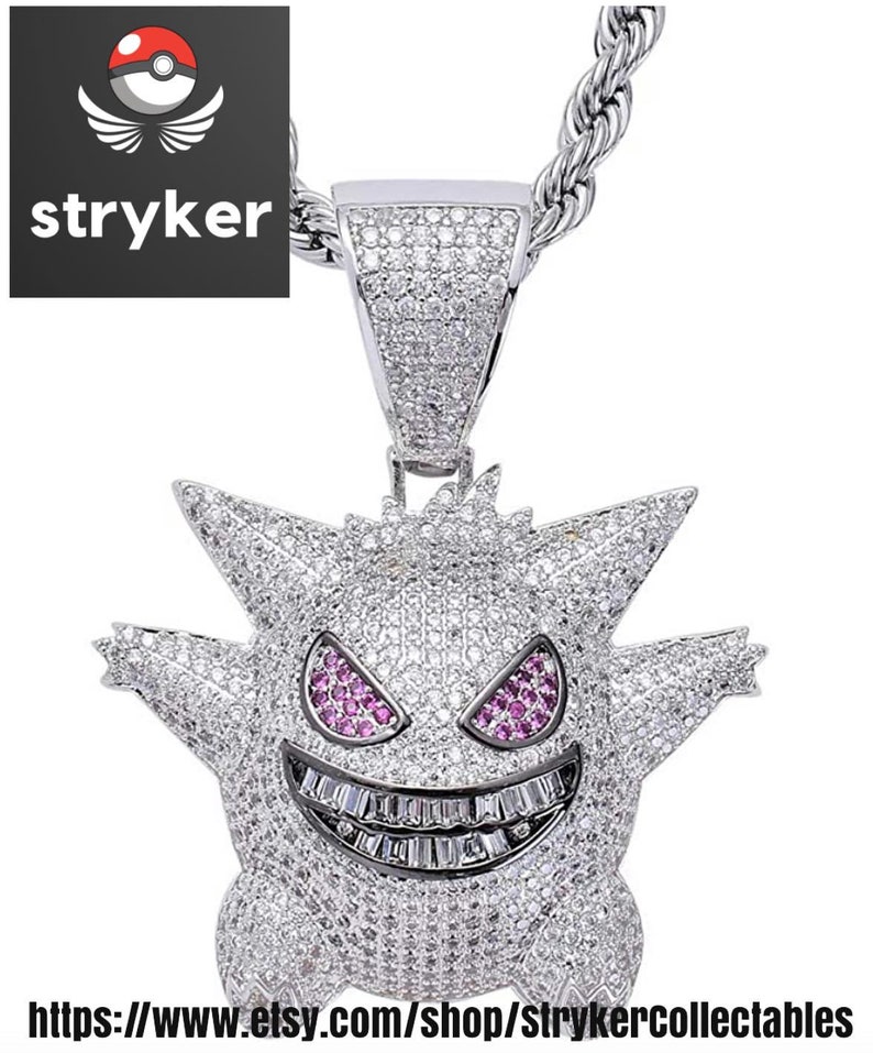 Gengar Necklace, Stainless Steel Chain, Iced Out Zirconia Stones, Hip ...