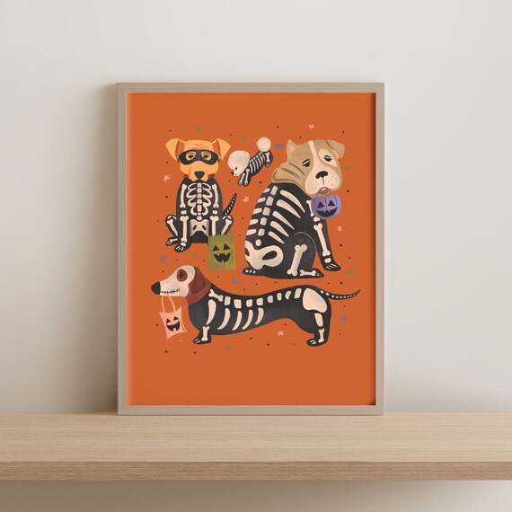 Spooky Skeleton Halloween Dogs Art Print Printable 8x10 Dog - Etsy