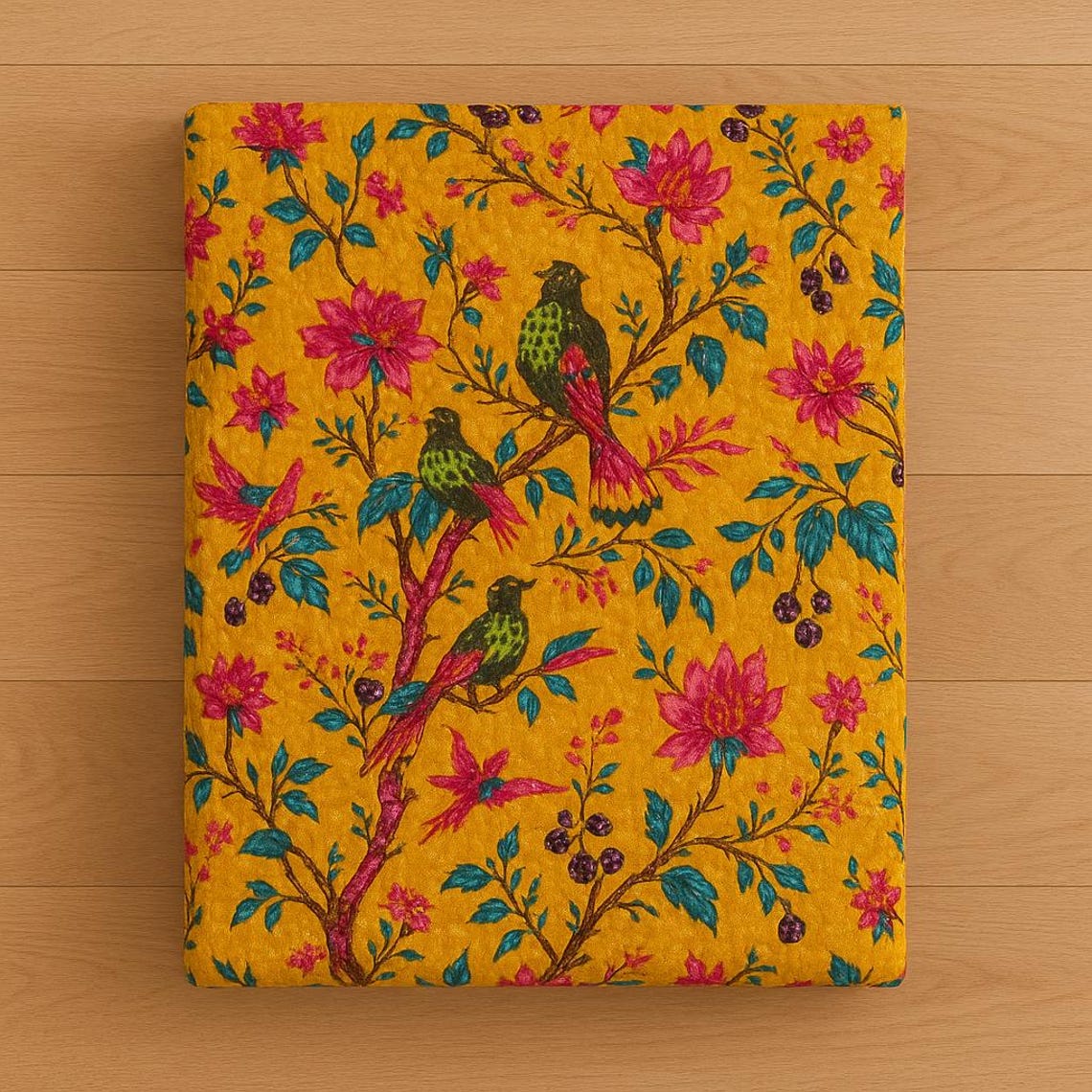 Indian Kantha Quilt Mustard Yellow Bird & Floral Print Soft Cotton ...
