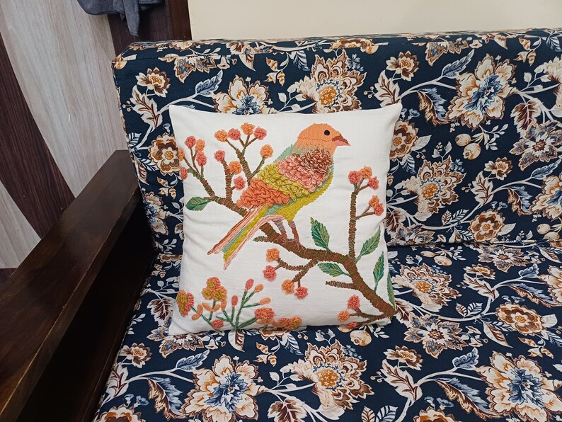 Hand Embroidery Pattern Bird Cushion Cover Multi-colored Threads ...