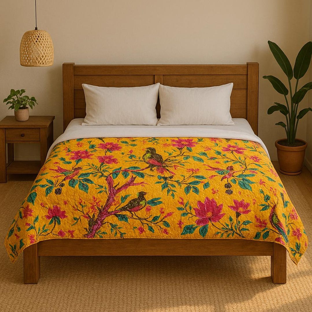Indian Kantha Quilt Mustard Yellow Bird & Floral Print Soft Cotton ...