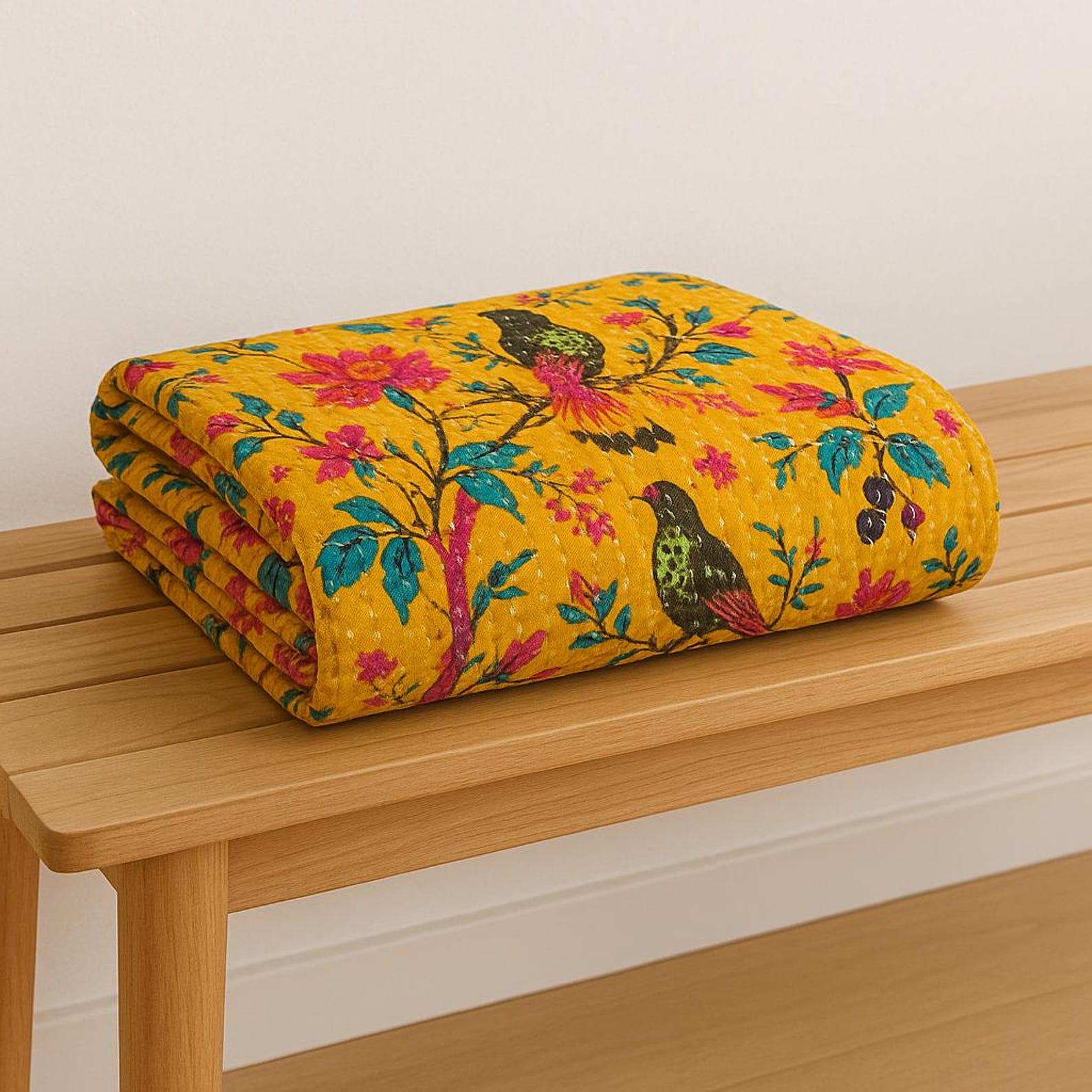 Indian Kantha Quilt Mustard Yellow Bird & Floral Print Soft Cotton ...