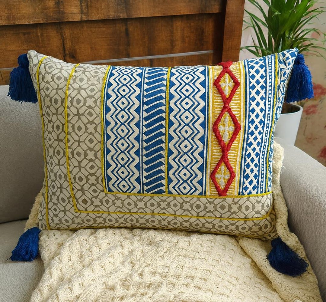 Boho Block Print Pillow Cover 16x24 – Cotton Cushion With Tassels - Etsy