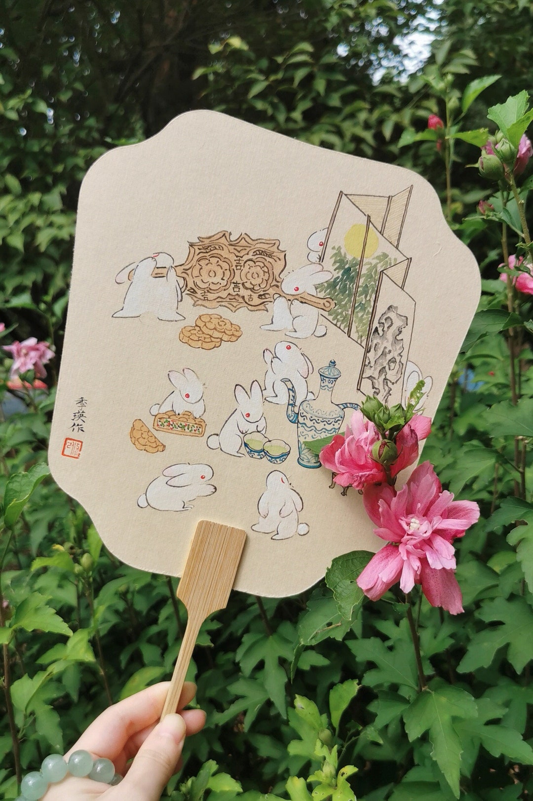 Rabbit Hand-painted Fan Original Chinese Moon Festival Hand Fan Bamboo ...