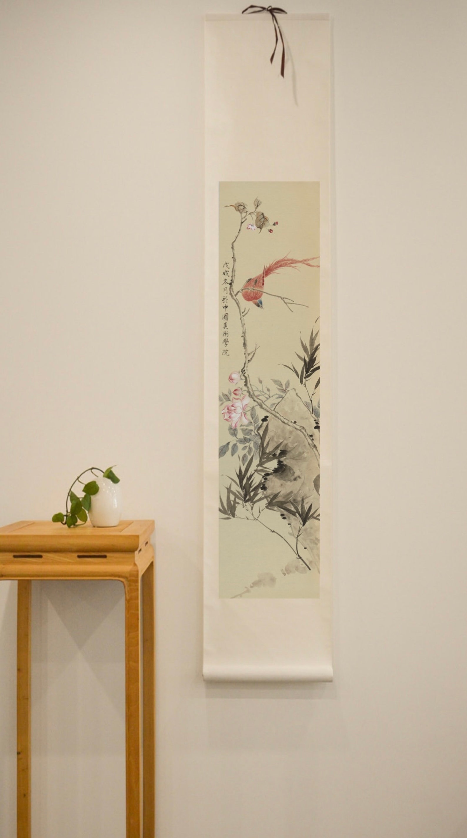 Original Red Bird With Bamboo Scroll Painting Original Bird - Etsy