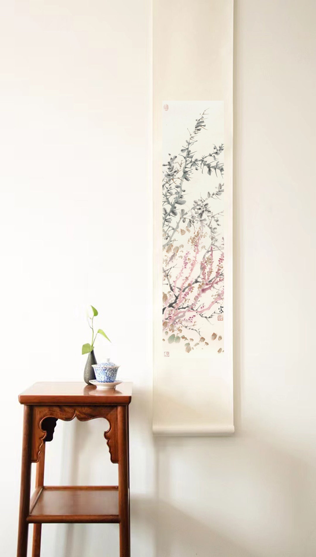 Original Wild Flower and Thorns Scroll Art Chinese Scroll Zen Wall Art ...