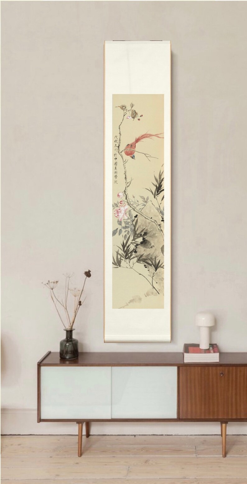 Original Red Bird With Bamboo Scroll Painting Original Bird - Etsy