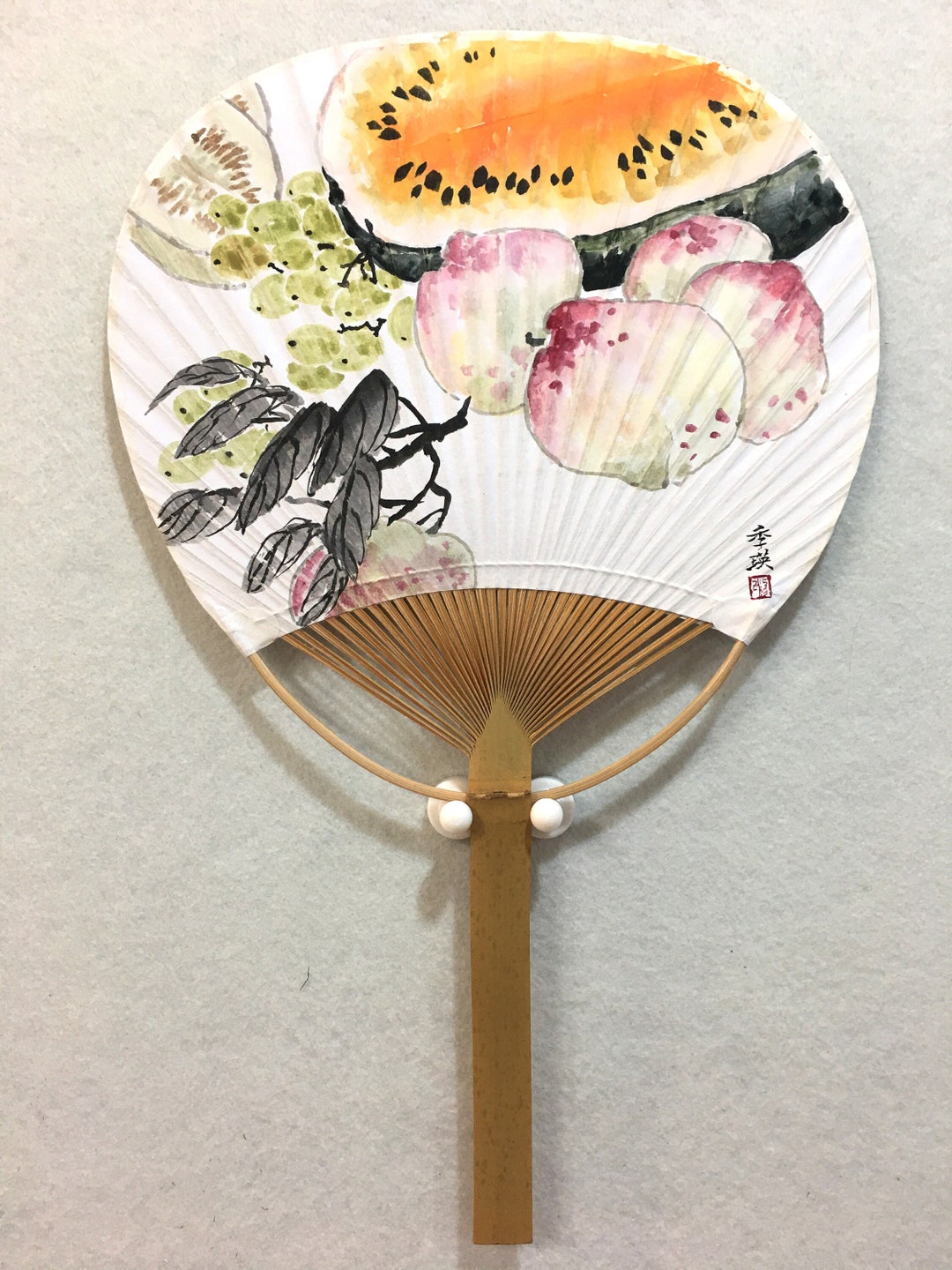 Hand-painted Fruit Art Fan: Chinese Crane Bamboo Decor - Etsy