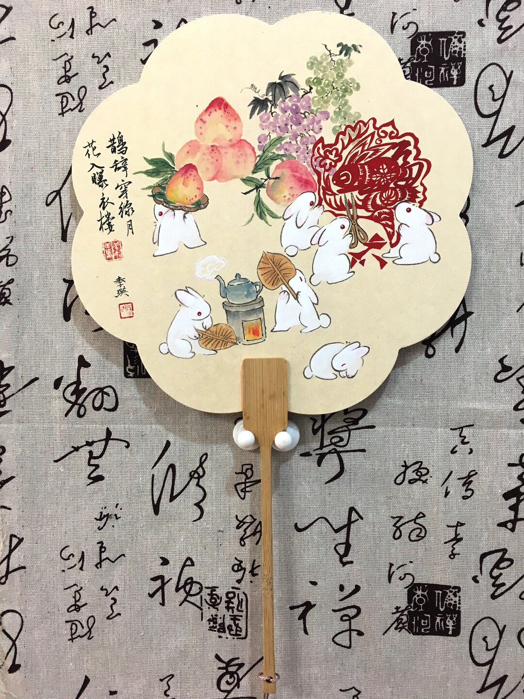 Original Hand-painted Fan Chinese Rabbit Hand Fan Art Decor Qixi ...