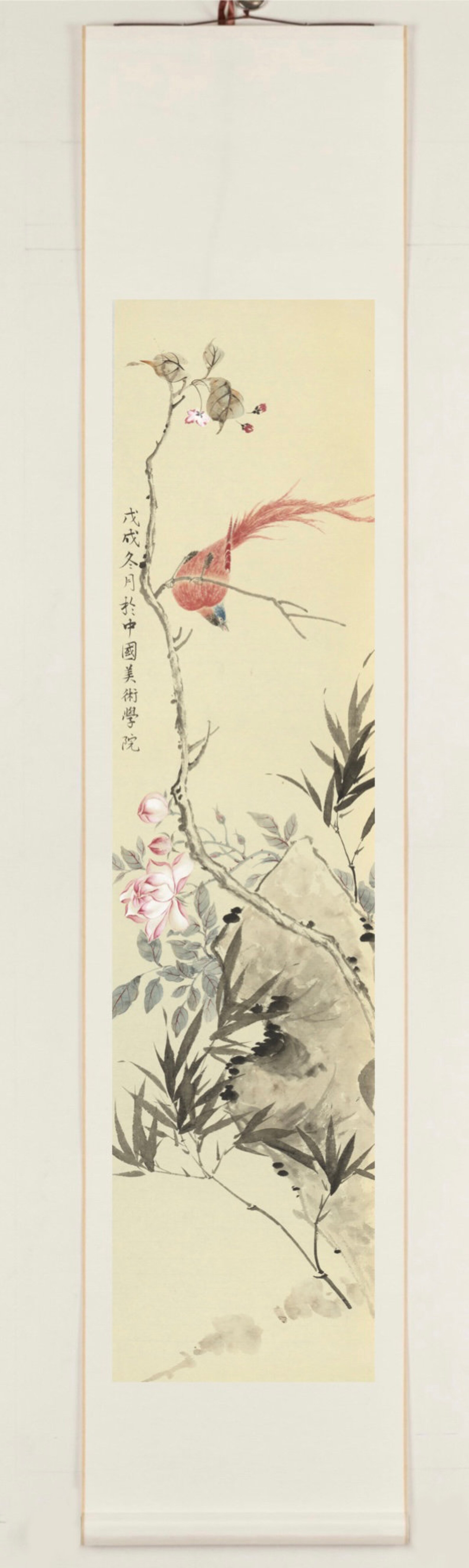 Original Red Bird With Bamboo Scroll Painting Original Bird - Etsy