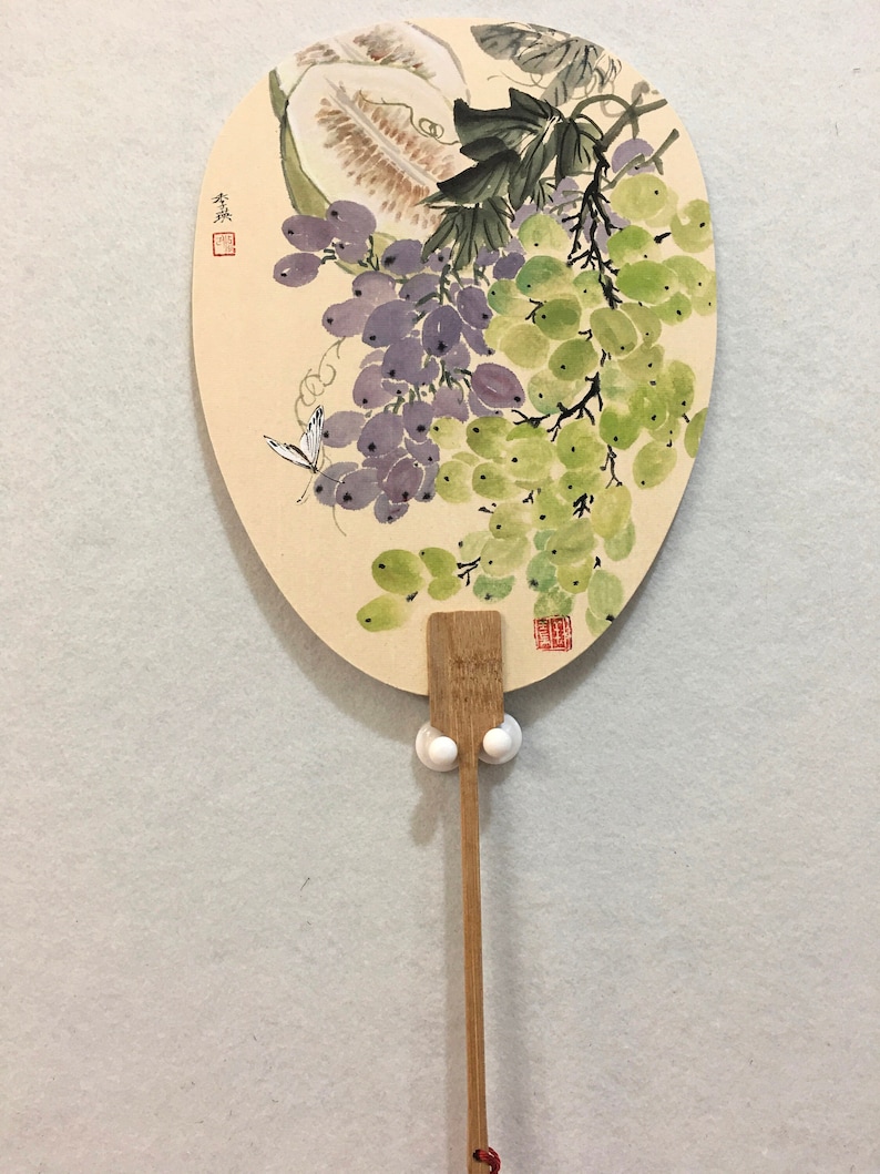 Hand-painted Grape Fan: Chinese Rice Paper Art, Signed - Etsy