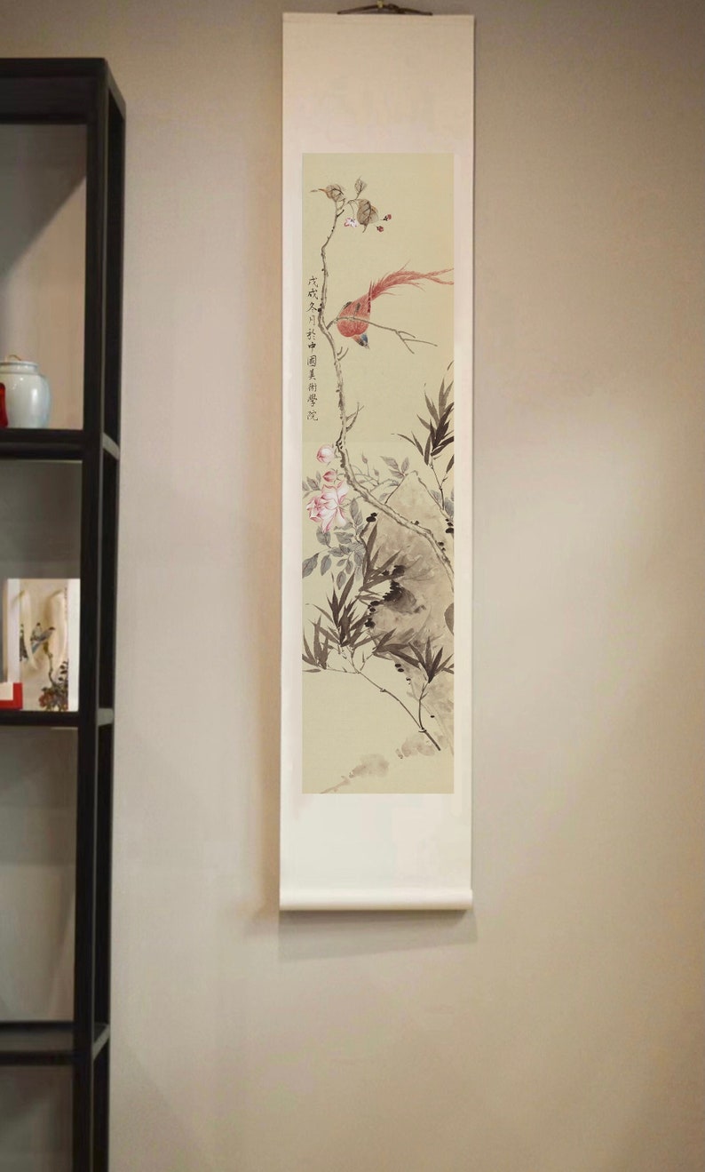 Original Red Bird With Bamboo Scroll Painting Original Bird - Etsy