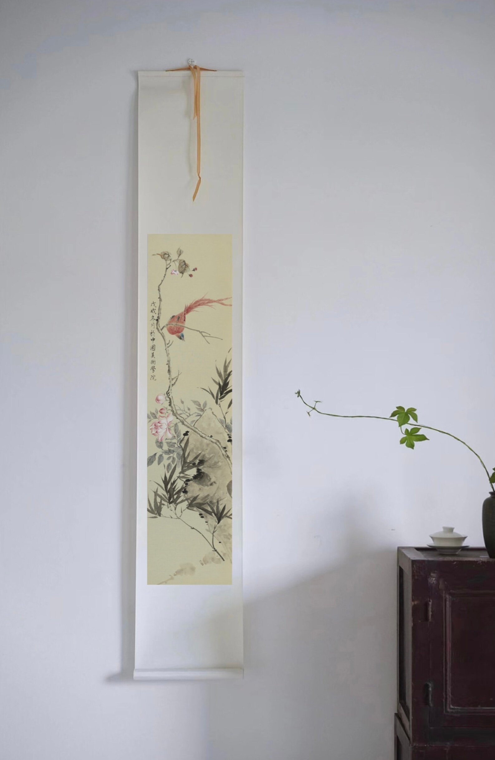 Original Red Bird With Bamboo Scroll Painting Original Bird - Etsy