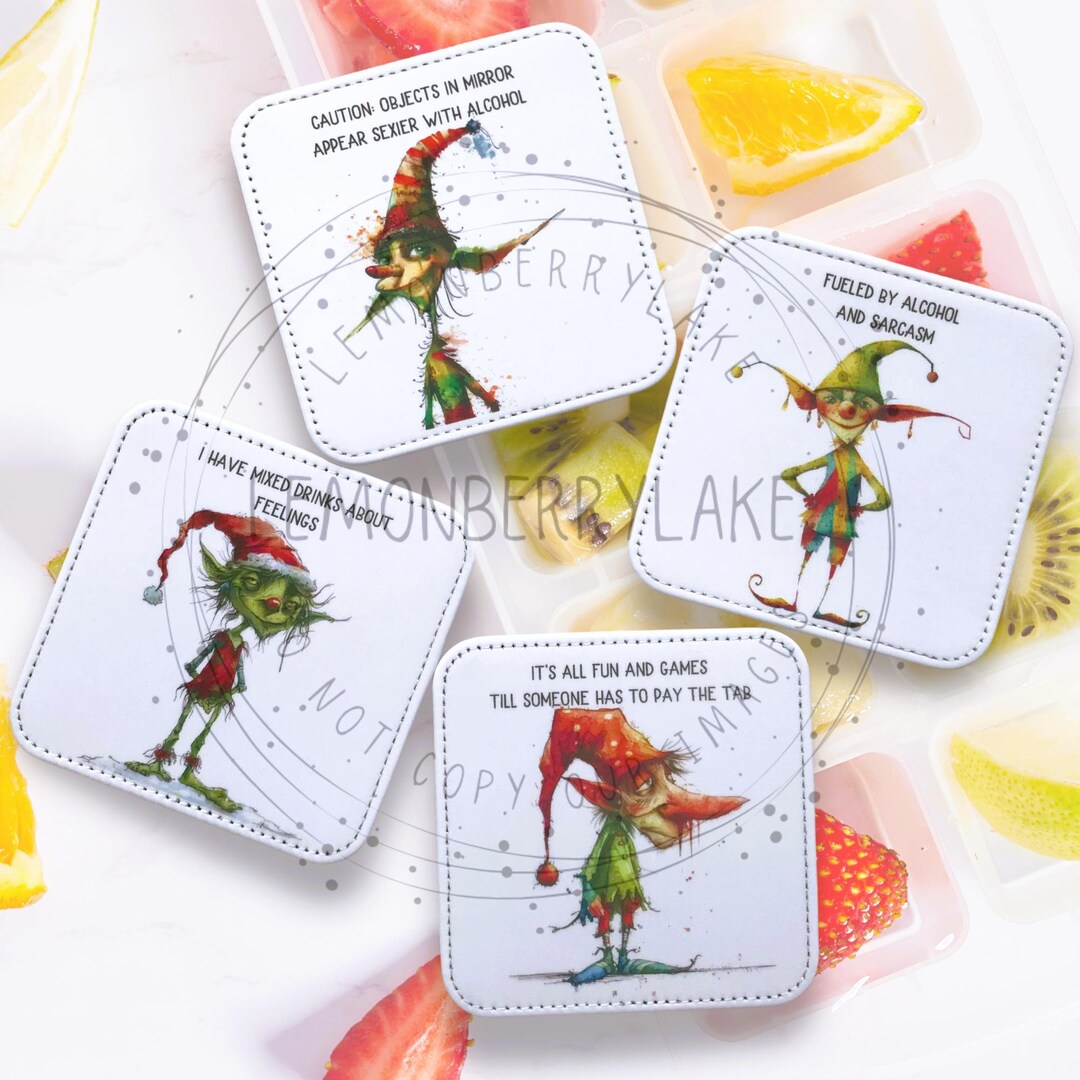 Funny Christmas Coasters / Drunken Elves / Faux Leather / Barware ...