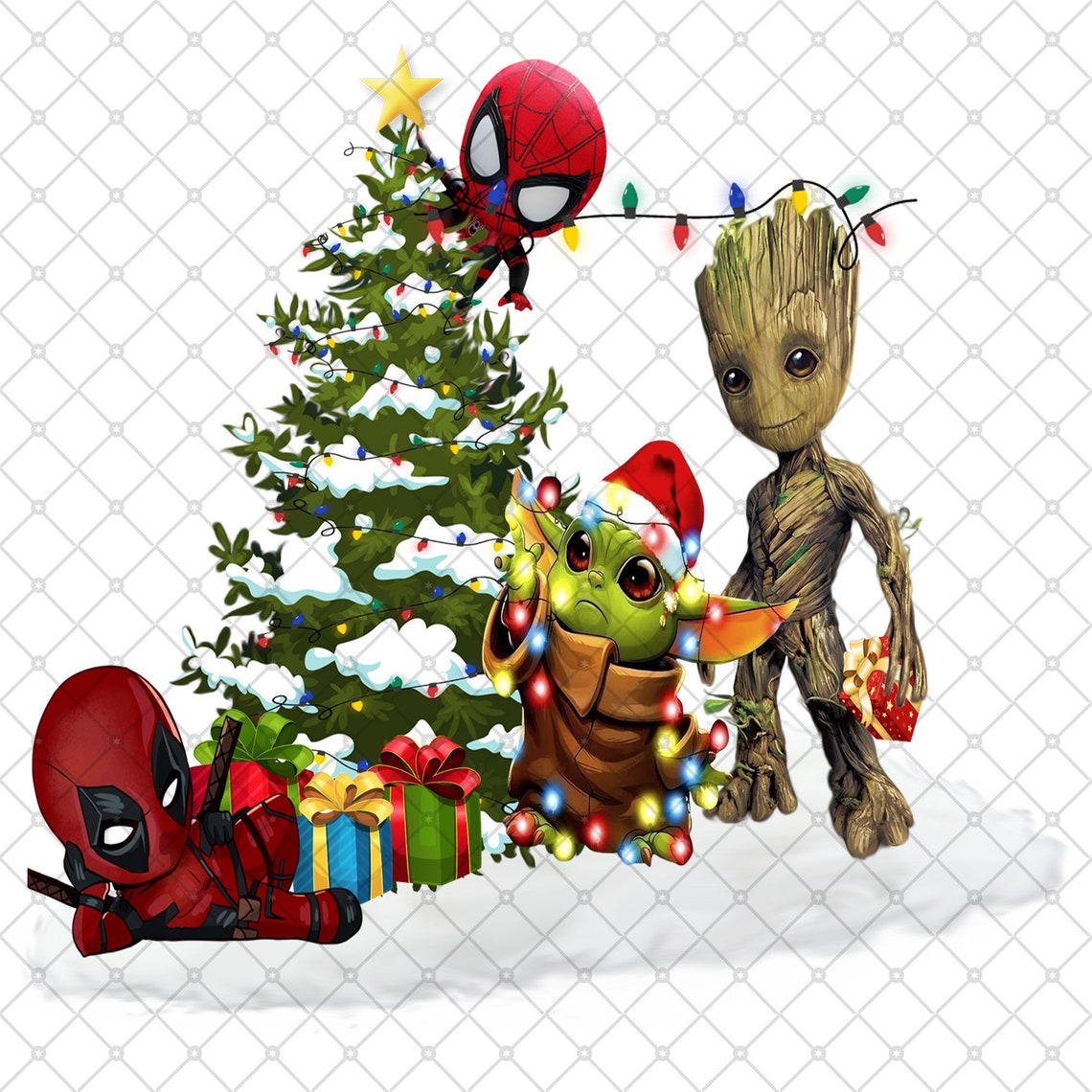 Baby Yoda, Groot, Spidey, and Deadpool Making Christmas Marvelous - Etsy