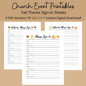 Church Event Sign in Sheets , Fall Theme, Digital Download / PDF ...