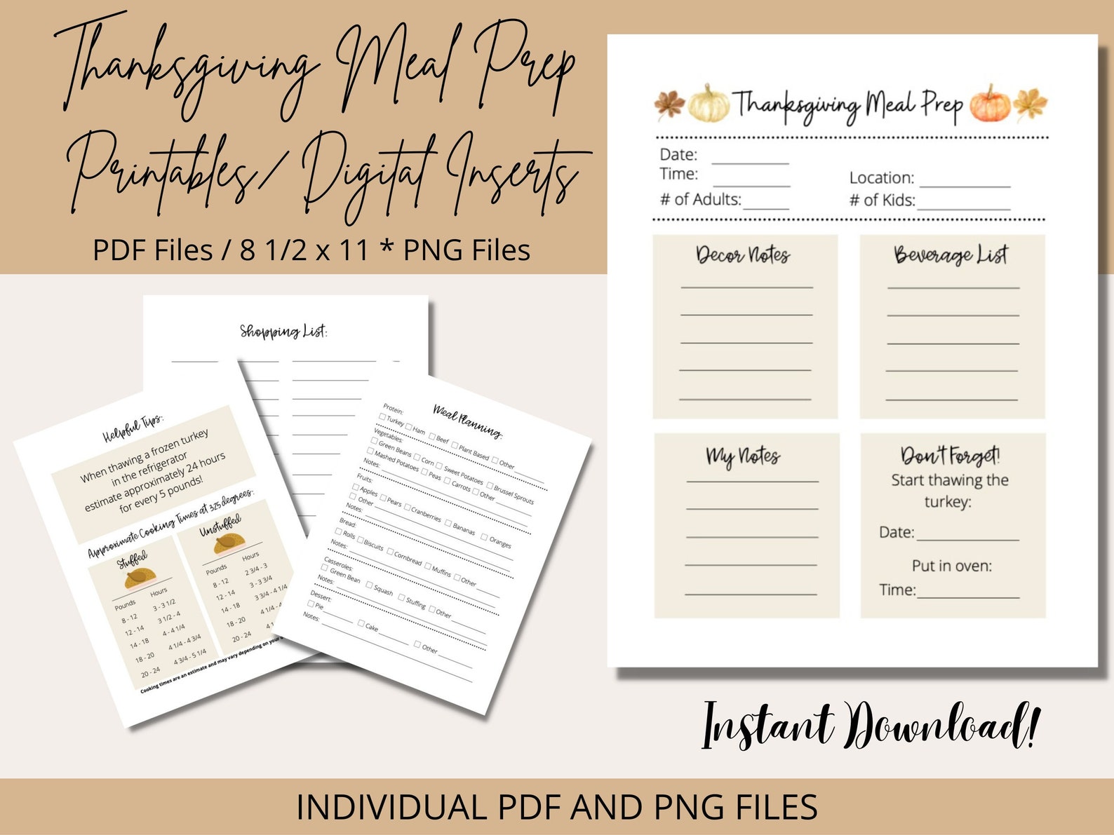 Thanksgiving Meal Prep Printables / Digital Inserts / PDF Files / PNG ...