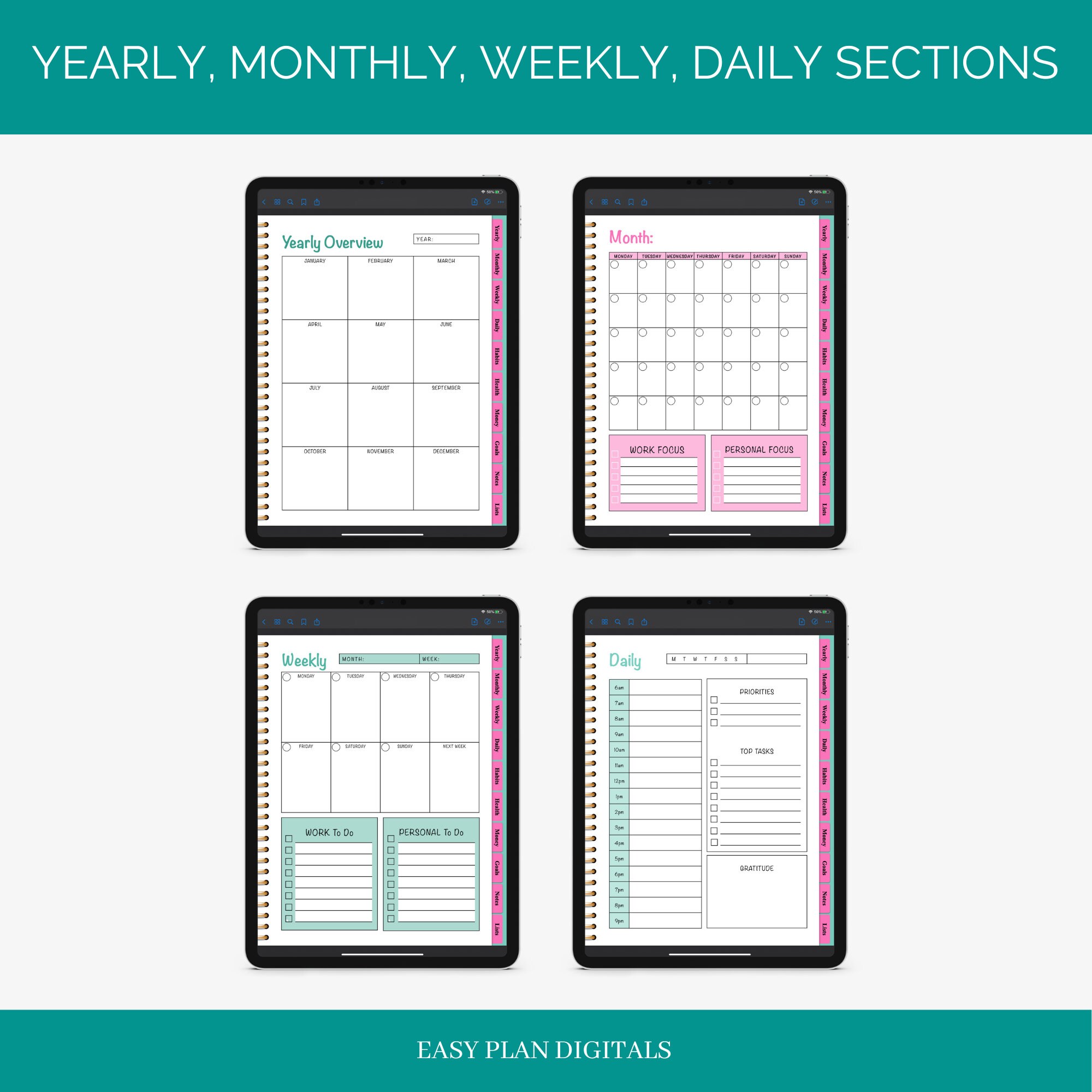 Digital Life Planner, Undated, Monday Start, Hyperlinked Digital ...