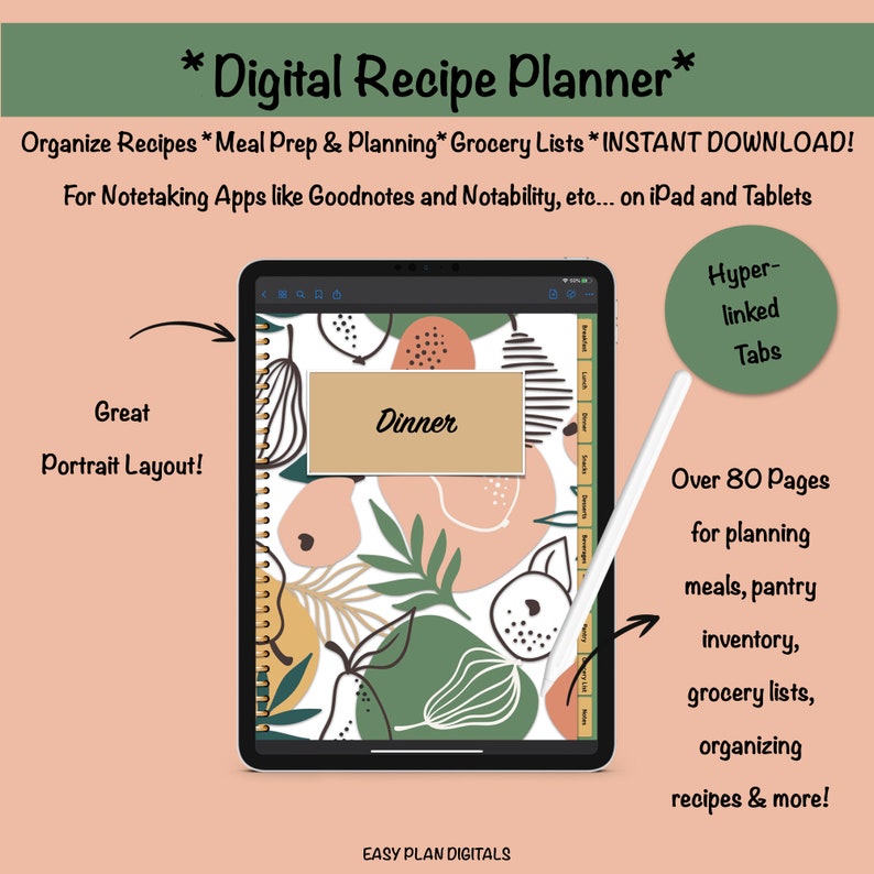 Digital Recipe Planner, Digital Meal Planner, Hyperlinked Digital ...