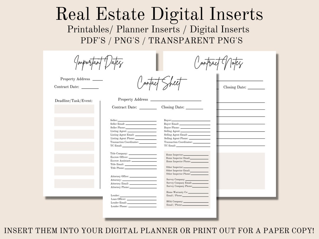 Real Estate Printable, Digital Planner Inserts, Real Estate Transaction ...