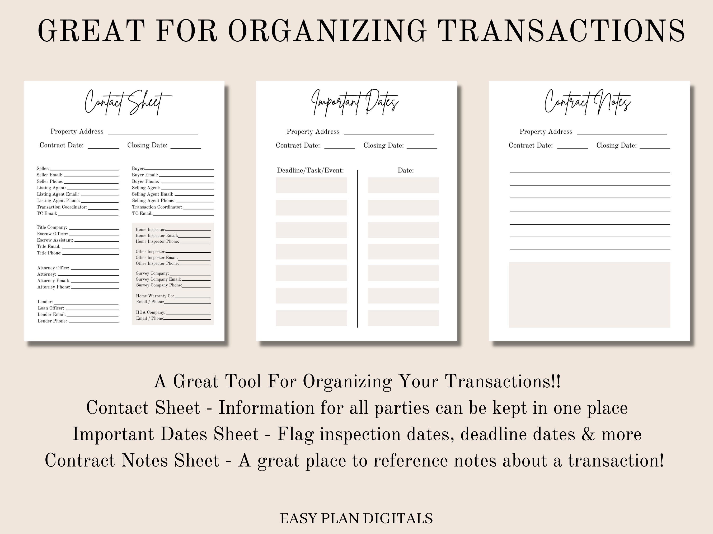 Real Estate Printable, Digital Planner Inserts, Real Estate Transaction ...