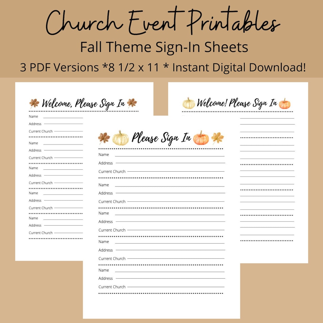 Church Event Sign in Sheets , Fall Theme, Digital Download / PDF ...